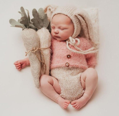 Knitted Baby Boy or Girl Rabbit Romper and Bunny Ears Bonnet Newborn ...